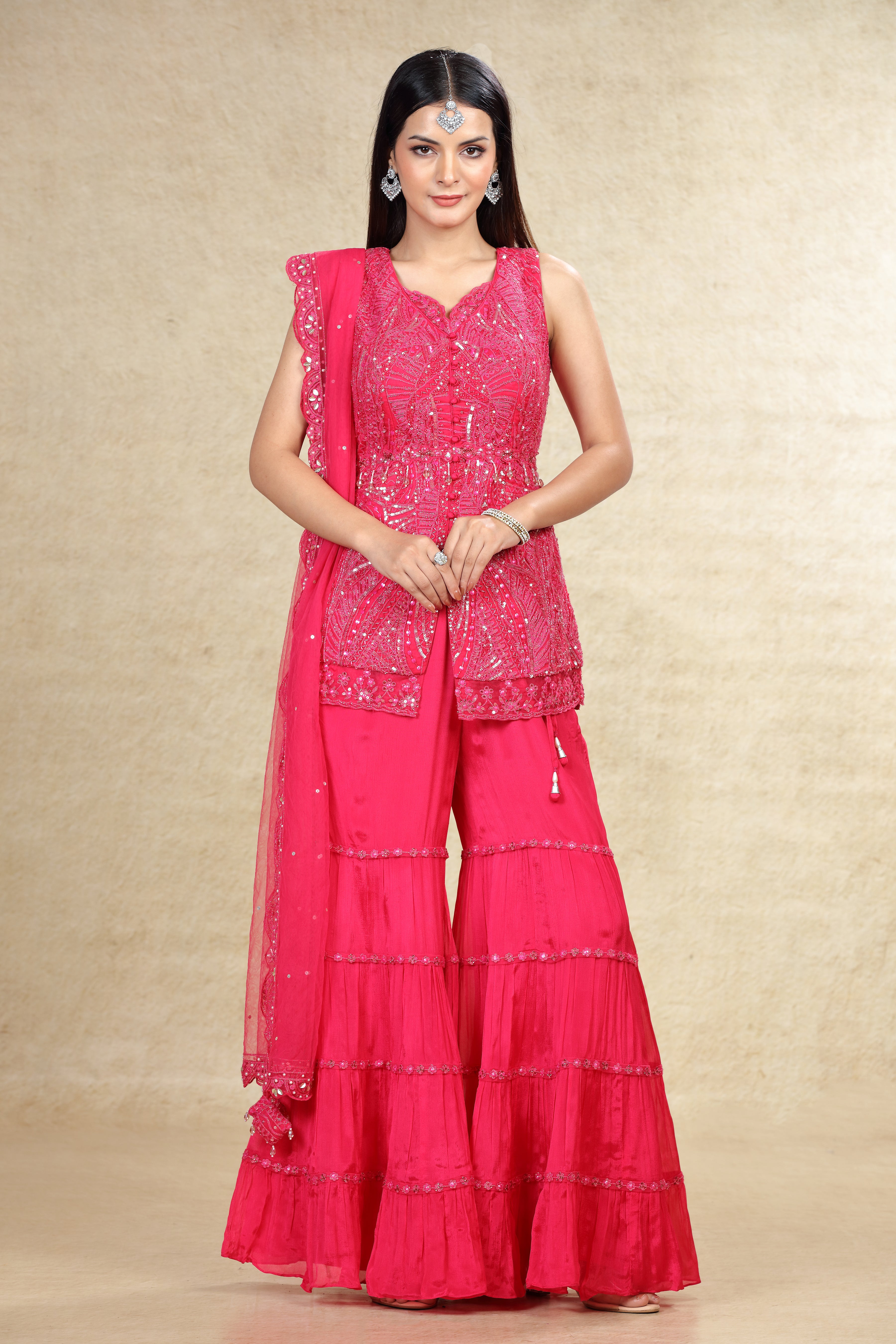 HOT PINK HAND EMBROIDERED LACE LOOK SHARARA SUIT SET #8004 – Shehnai ...