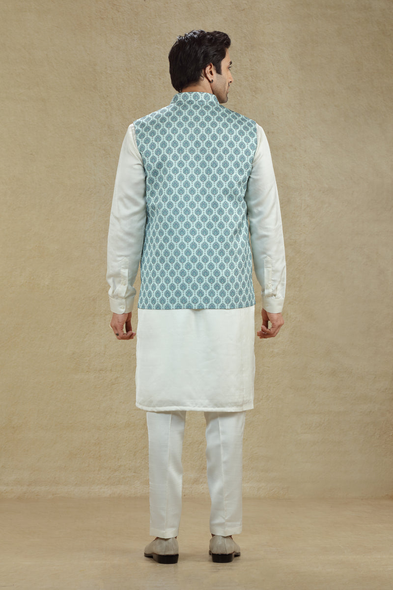 POWDER BLUE & IVORY PRINTED BANDI KURTA SET #7983 – Shehnai Bridal Boutique